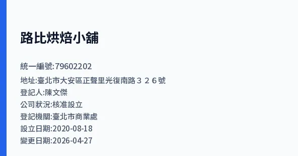 路比烘焙小舖的照片-統編 79602202(臺北市) 公司登記資料與營業項目詳細圖表