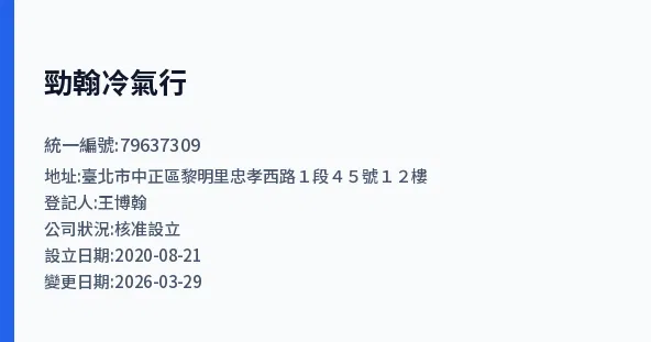 勁翰冷氣行的照片-統編 79637309(臺北市) 公司登記資料與營業項目詳細圖表