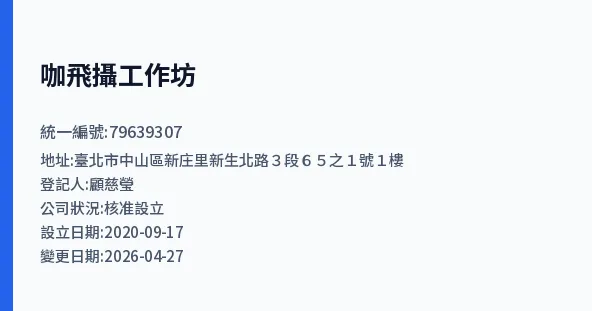 咖飛攝工作坊的照片-統編 79639307(臺北市) 公司登記資料與營業項目詳細圖表