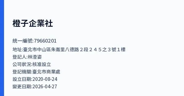 橙子企業社的照片-統編 79660201(臺北市) 公司登記資料與營業項目詳細圖表
