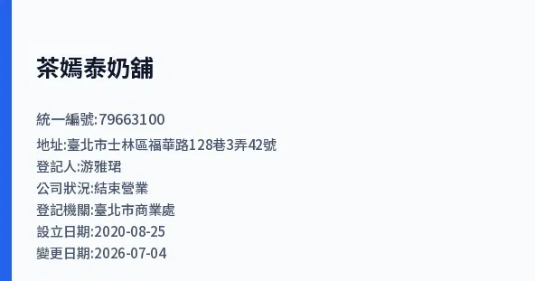 茶嫣泰奶舖的照片-統編 79663100(臺北市) 公司登記資料與營業項目詳細圖表