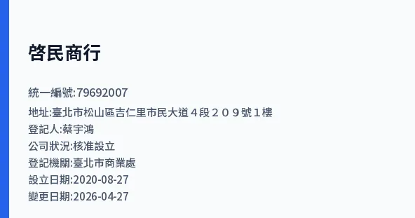 啓民商行的照片-統編 79692007(臺北市) 公司登記資料與營業項目詳細圖表