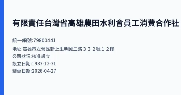 有限責任台灣省高雄農田水利會員工消費合作社的照片-統編 79800441(高雄市) 公司登記資料與營業項目詳細圖表