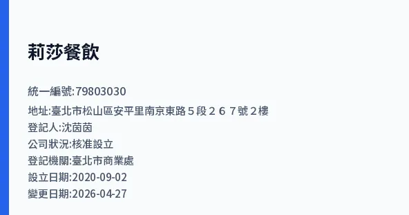 莉莎餐飲的照片-統編 79803030(臺北市) 公司登記資料與營業項目詳細圖表