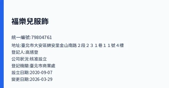 福樂兒服飾的照片-統編 79804761(臺北市) 公司登記資料與營業項目詳細圖表