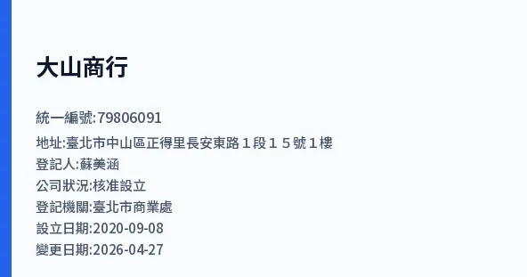 大山商行的照片-統編 79806091(臺北市) 公司登記資料與營業項目詳細圖表