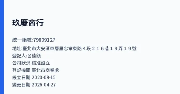 玖慶商行的照片-統編 79809127(臺北市) 公司登記資料與營業項目詳細圖表