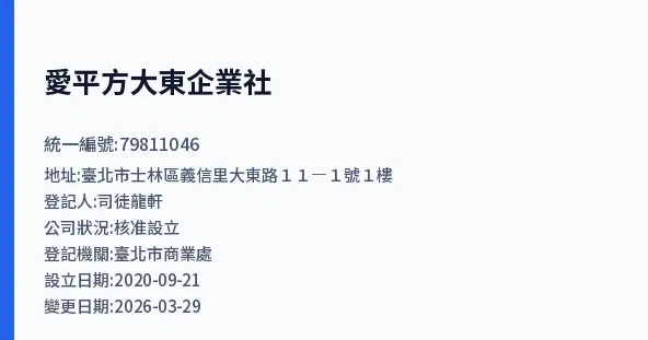 愛平方大東企業社的照片-統編 79811046(臺北市) 公司登記資料與營業項目詳細圖表