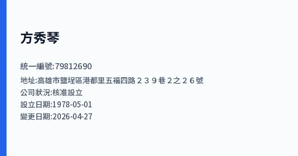方秀琴的照片-統編 79812690(高雄市) 公司登記資料與營業項目詳細圖表