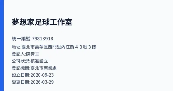 夢想家足球工作室的照片-統編 79813918(臺北市) 公司登記資料與營業項目詳細圖表