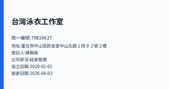 台灣泳衣工作室的照片-統編 79816627(臺北市) 公司登記資料與營業項目詳細圖表