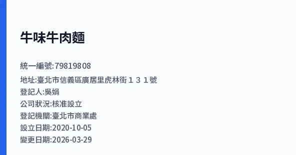 牛味牛肉麵的照片-統編 79819808(臺北市) 公司登記資料與營業項目詳細圖表