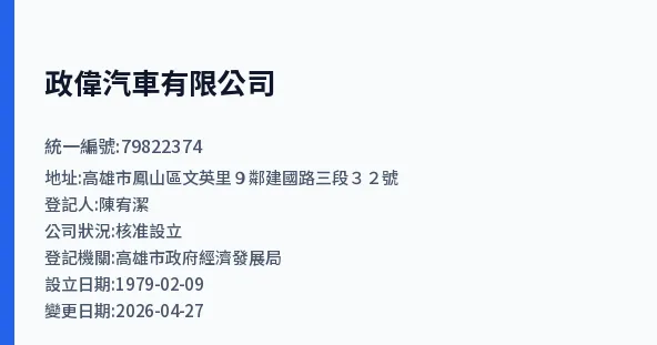 政偉汽車有限公司的照片-統編 79822374(高雄市) 公司登記資料與營業項目詳細圖表