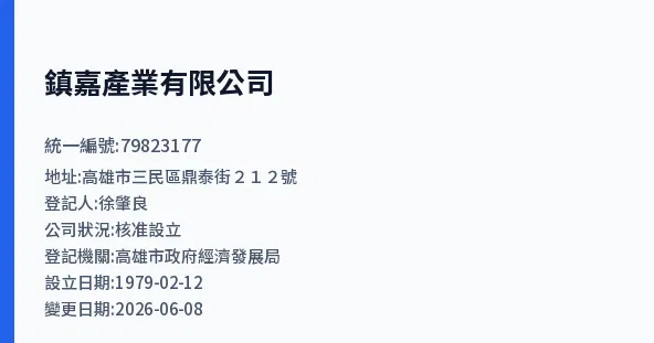 鎮嘉產業有限公司的照片-統編 79823177(高雄市) 公司登記資料與營業項目詳細圖表