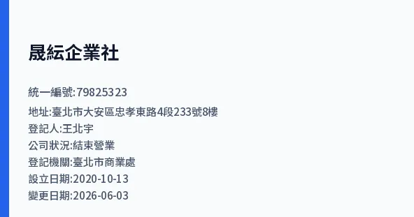 晟紜企業社的照片-統編 79825323(臺北市) 公司登記資料與營業項目詳細圖表