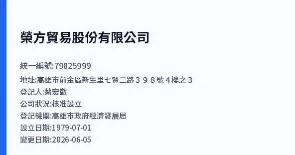 榮方貿易股份有限公司的照片-統編 79825999(高雄市) 公司登記資料與營業項目詳細圖表