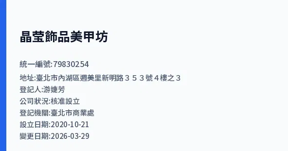 晶莹飾品美甲坊的照片-統編 79830254(臺北市) 公司登記資料與營業項目詳細圖表