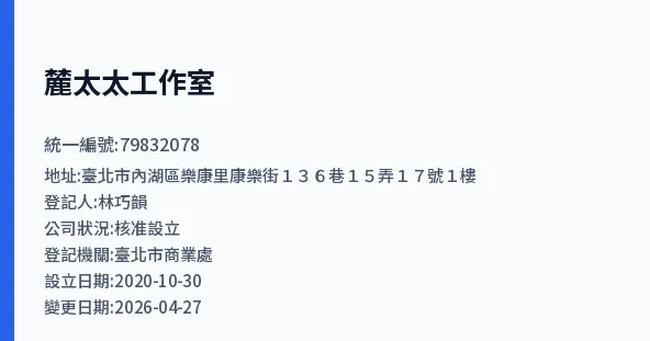 麓太太工作室的照片-統編 79832078(臺北市) 公司登記資料與營業項目詳細圖表