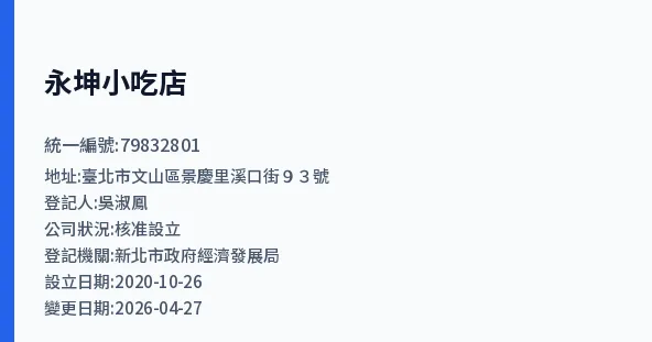 永坤小吃店的照片-統編 79832801(臺北市) 公司登記資料與營業項目詳細圖表