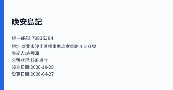 晚安島記的照片-統編 79835384(新北市) 公司登記資料與營業項目詳細圖表