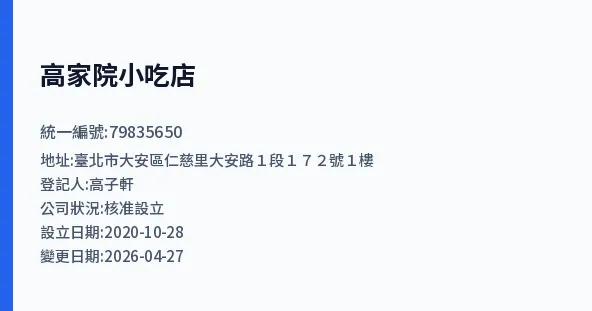高家院小吃店的照片-統編 79835650(臺北市) 公司登記資料與營業項目詳細圖表