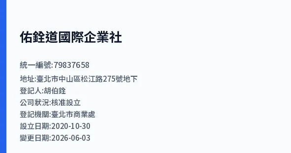 佑銓道國際企業社的照片-統編 79837658(臺北市) 公司登記資料與營業項目詳細圖表