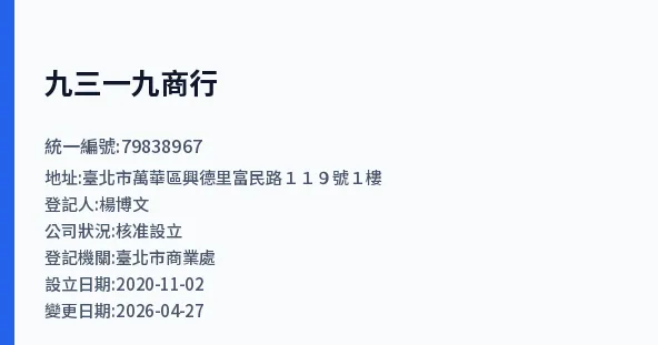 九三一九商行的照片-統編 79838967(臺北市) 公司登記資料與營業項目詳細圖表