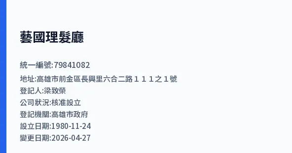 藝國理髮廳的照片-統編 79841082(高雄市) 公司登記資料與營業項目詳細圖表