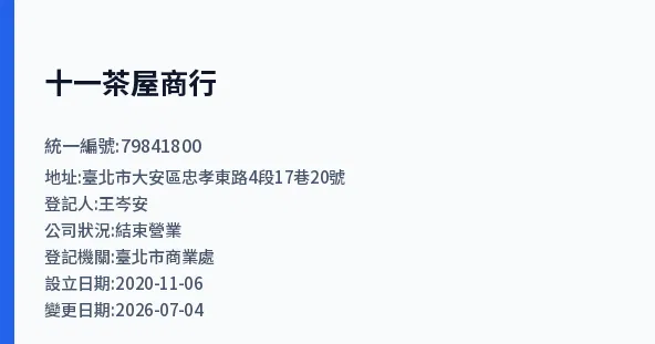 十一茶屋商行的照片-統編 79841800(臺北市) 公司登記資料與營業項目詳細圖表