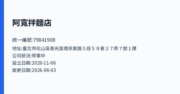 阿寬拌麵店的照片-統編 79841908(臺北市) 公司登記資料與營業項目詳細圖表
