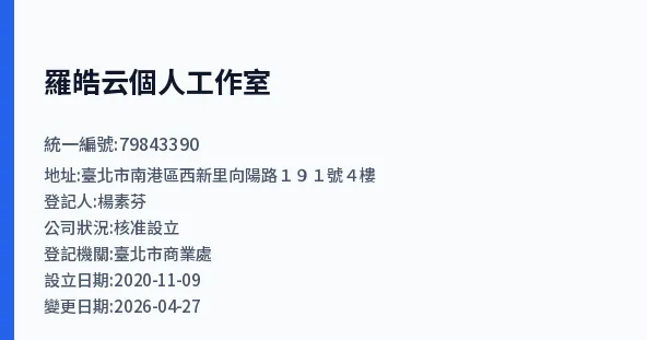 羅皓云個人工作室的照片-統編 79843390(臺北市) 公司登記資料與營業項目詳細圖表