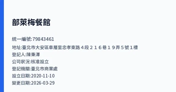 部萊梅餐館的照片-統編 79843461(臺北市) 公司登記資料與營業項目詳細圖表