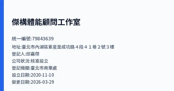 傑構體能顧問工作室的照片-統編 79843639(臺北市) 公司登記資料與營業項目詳細圖表