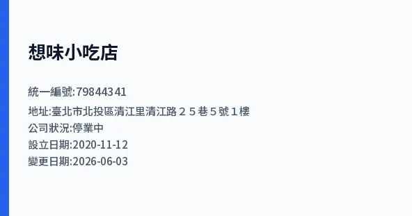 想味小吃店的照片-統編 79844341(臺北市) 公司登記資料與營業項目詳細圖表