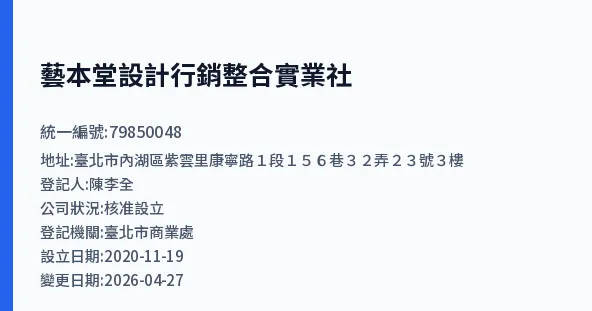 藝本堂設計行銷整合實業社的照片-統編 79850048(臺北市) 公司登記資料與營業項目詳細圖表