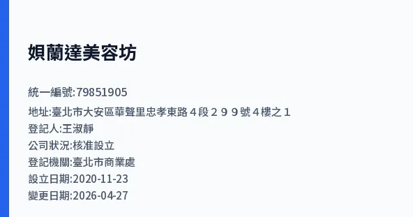 㛝蘭達美容坊的照片-統編 79851905(臺北市) 公司登記資料與營業項目詳細圖表