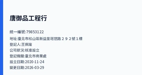 唐御品工程行的照片-統編 79853122(臺北市) 公司登記資料與營業項目詳細圖表