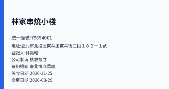 林家串燒小棧的照片-統編 79854001(臺北市) 公司登記資料與營業項目詳細圖表