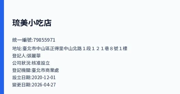 琉美小吃店的照片-統編 79855971(臺北市) 公司登記資料與營業項目詳細圖表