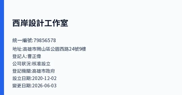 西岸設計工作室的照片-統編 79856578(高雄市) 公司登記資料與營業項目詳細圖表