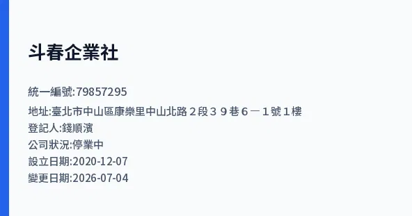斗春企業社的照片-統編 79857295(臺北市) 公司登記資料與營業項目詳細圖表