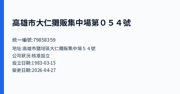 高雄市大仁攤販集中場第054號的照片-統編 79858359(高雄市) 公司登記資料與營業項目詳細圖表