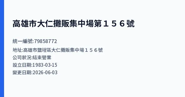 高雄市大仁攤販集中場第156號的照片-統編 79858772(高雄市) 公司登記資料與營業項目詳細圖表