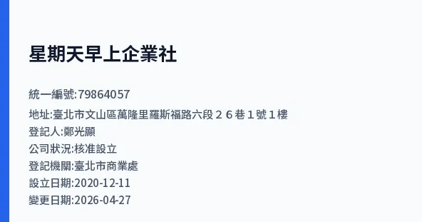 星期天早上企業社的照片-統編 79864057(臺北市) 公司登記資料與營業項目詳細圖表