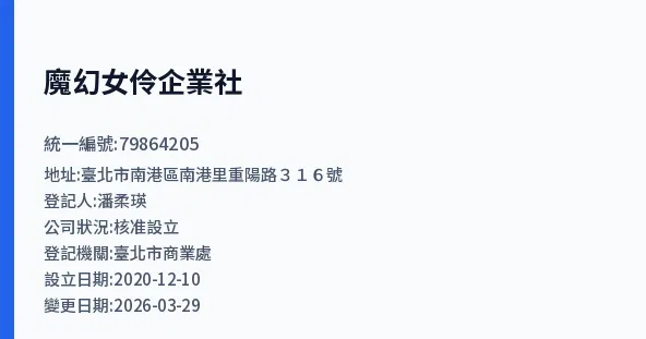 魔幻女伶企業社的照片-統編 79864205(臺北市) 公司登記資料與營業項目詳細圖表