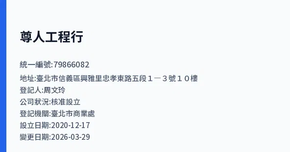 尊人工程行的照片-統編 79866082(臺北市) 公司登記資料與營業項目詳細圖表