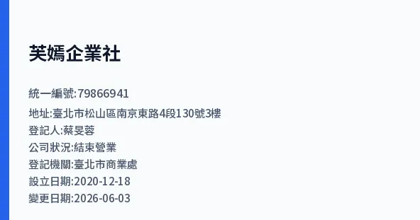 芙嫣企業社的照片-統編 79866941(臺北市) 公司登記資料與營業項目詳細圖表