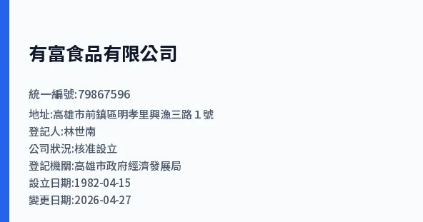 有富食品有限公司的照片-統編 79867596(高雄市) 公司登記資料與營業項目詳細圖表