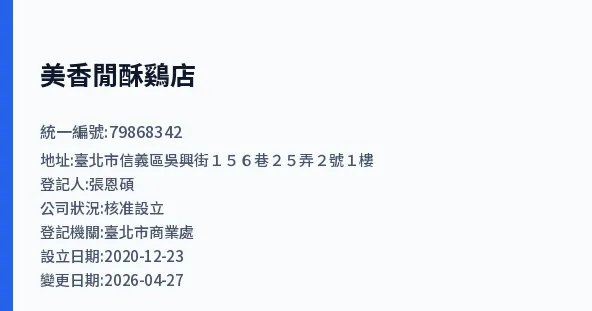 美香閒酥鷄店的照片-統編 79868342(臺北市) 公司登記資料與營業項目詳細圖表