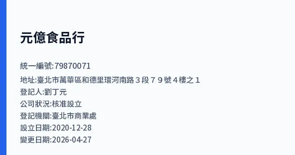 元億食品行的照片-統編 79870071(臺北市) 公司登記資料與營業項目詳細圖表